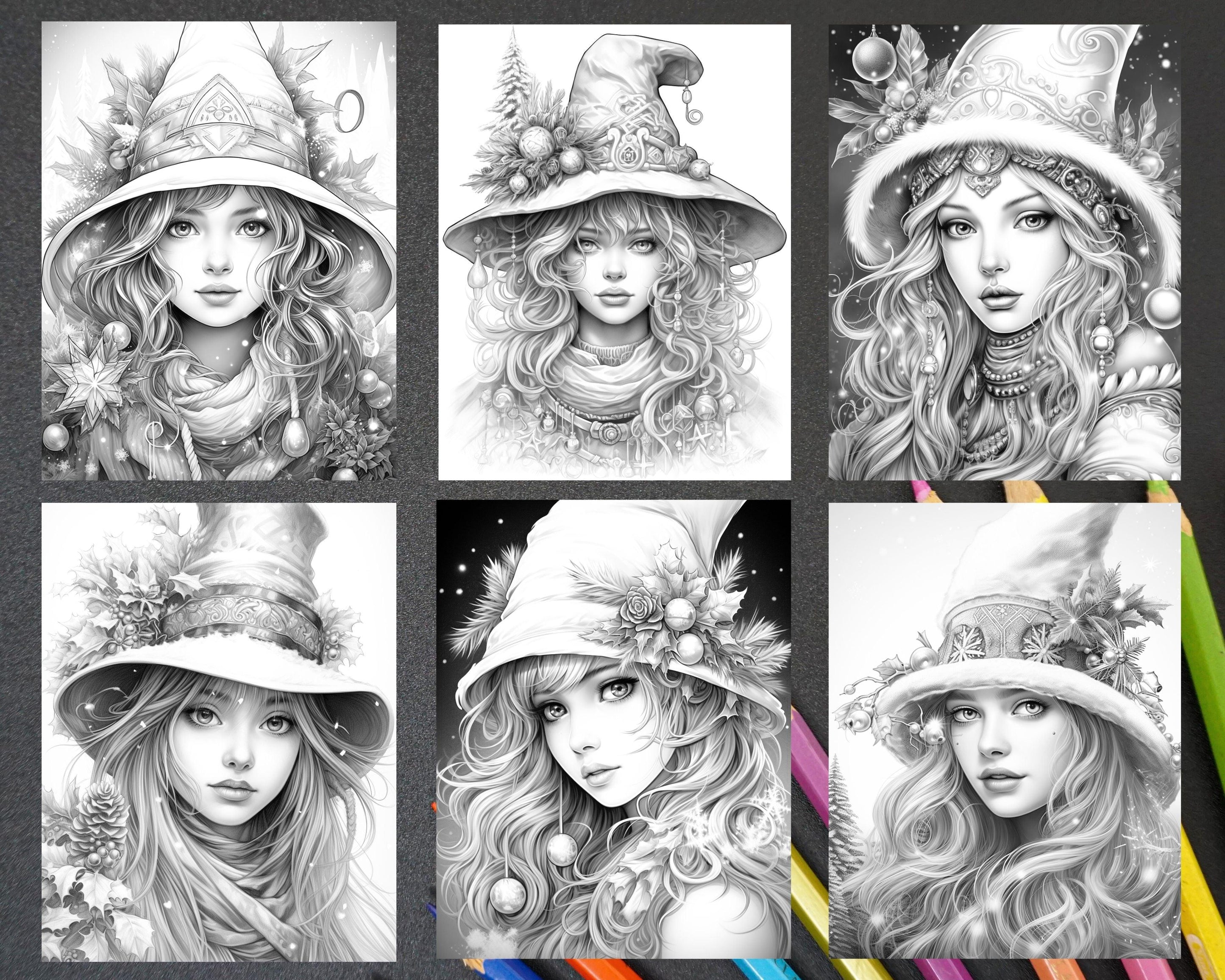 50 Christmas Witch Grayscale Coloring Pages for Adults, Printable PDF ...