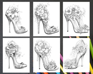 40 Flower Wedding Shoes Grayscale Coloring Pages Printable for Adults ...