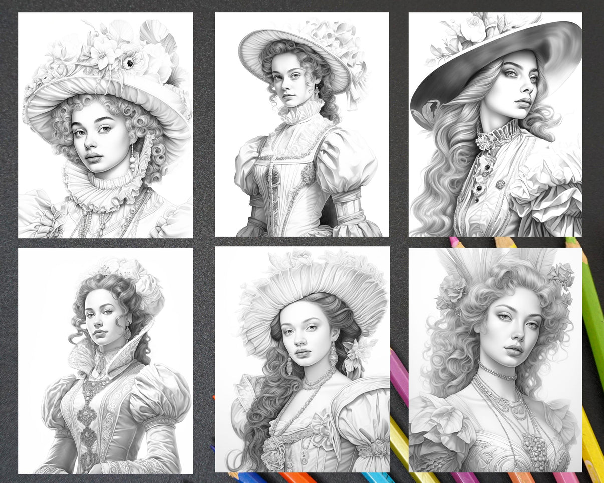 40 Baroque Women Portrait Grayscale Adult Coloring Pages Printable, PD