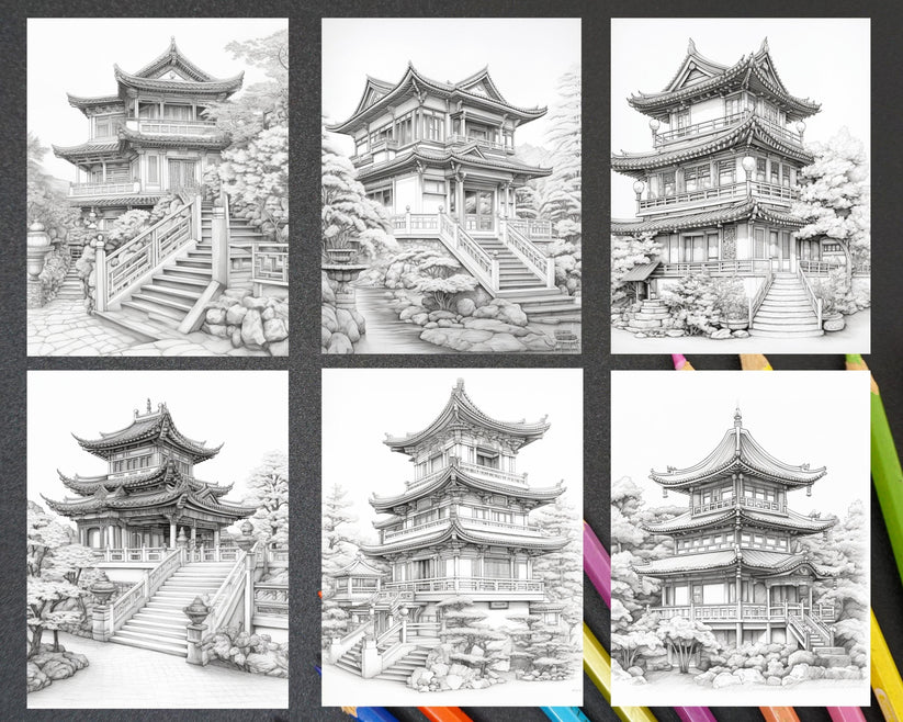 40 Traditional Chinese Houses Grayscale Coloring Pages Printable for A