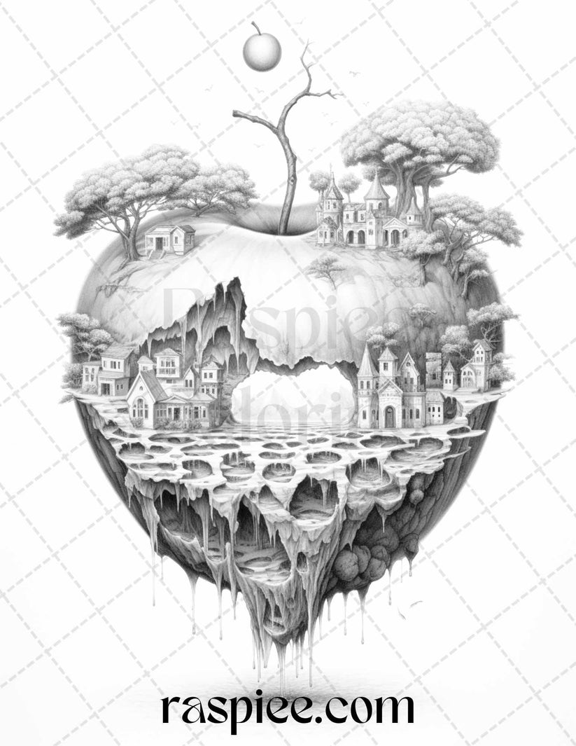 60 Miniworld in the Apple Grayscale Coloring Pages Printable for Adult