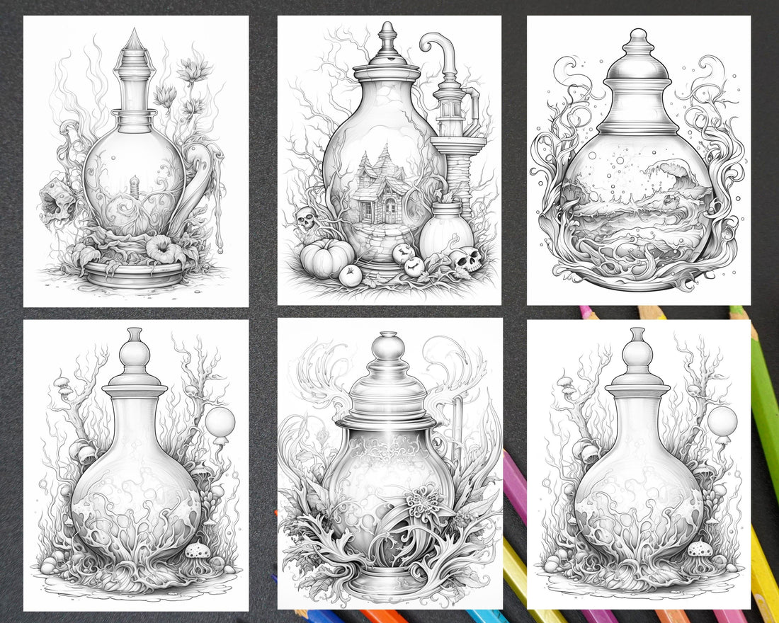 40 Mystical Magic Potions Grayscale Coloring Pages Printable for Adult
