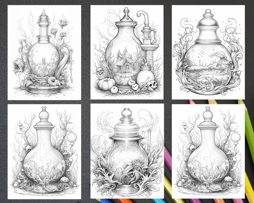40 Mystical Magic Potions Grayscale Coloring Pages Printable for Adult