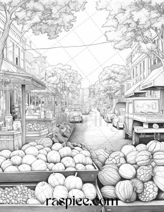 Autumn Street Markets Grayscale Coloring Pages for Adults, Printable P ...