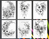 60 Boho Moon Floral Grayscale Adult Coloring Pages Printable PDF Insta ...