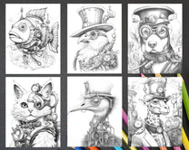 45 Steampunk Animals Grayscale Coloring Pages Printable for Adults Vol ...