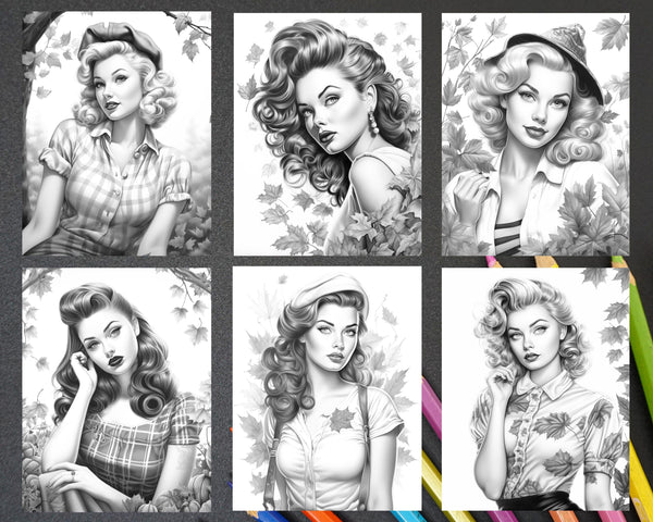 55 Autumn Pin Up Girls Grayscale Coloring Pages Printable for Adults,