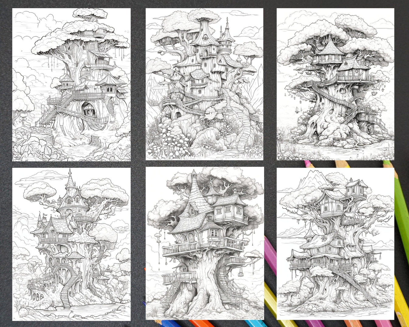 110 Enchanted Treehouse Coloring Book Printable for Adults, Grayscale ...