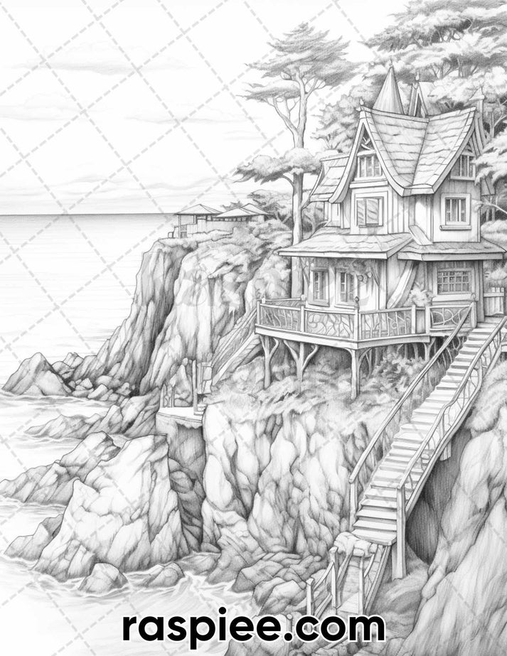 50 Fairy Beach Houses Grayscale Coloring Pages for Adults, Printable P