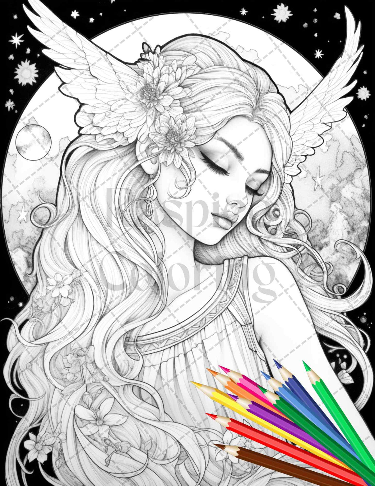 34 Beautiful Moon Fairies Grayscale Coloring Pages Printable for Adult