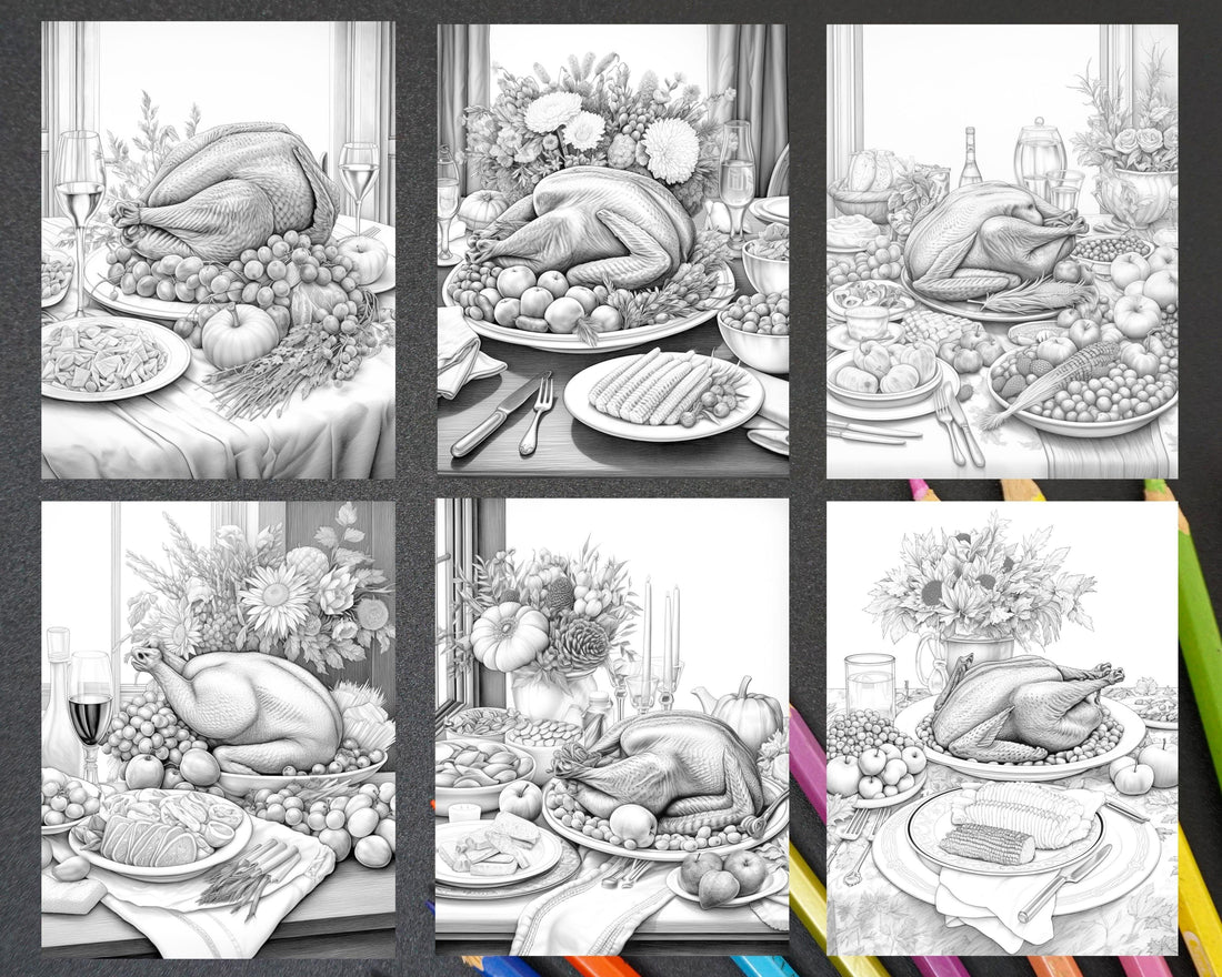 Thanksgiving Dinner Grayscale Coloring Pages for Adults, Relaxing Fall