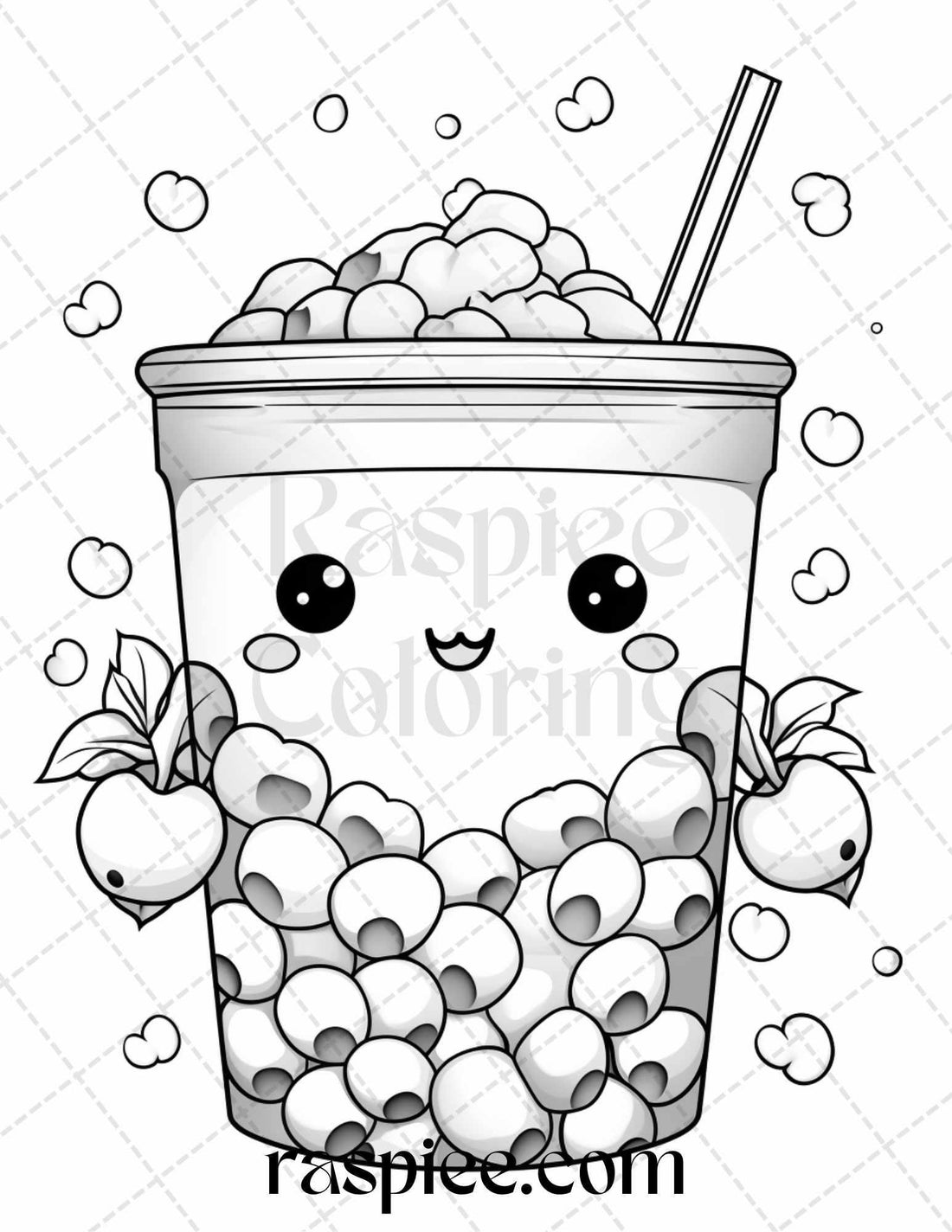 50 Cute Kawaii Boba Tea Grayscale Coloring Pages for Adults and Kids,