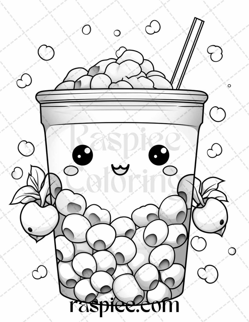 50 Cute Kawaii Boba Tea Grayscale Coloring Pages for Adults and Kids,