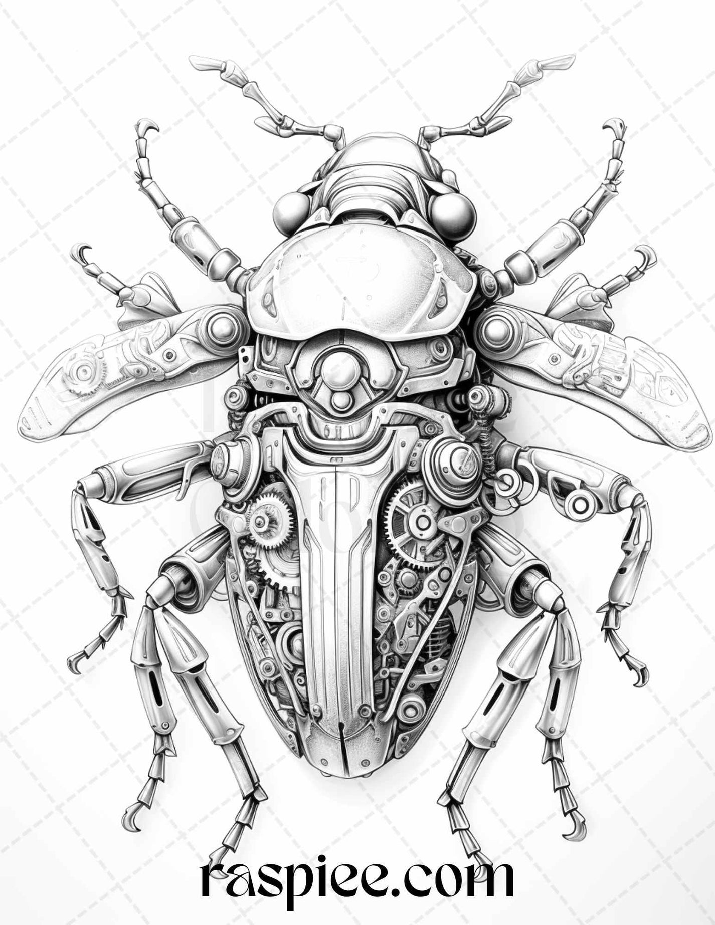 42 Steampunk Bugs Grayscale Coloring Pages Printable for Adults, PDF F