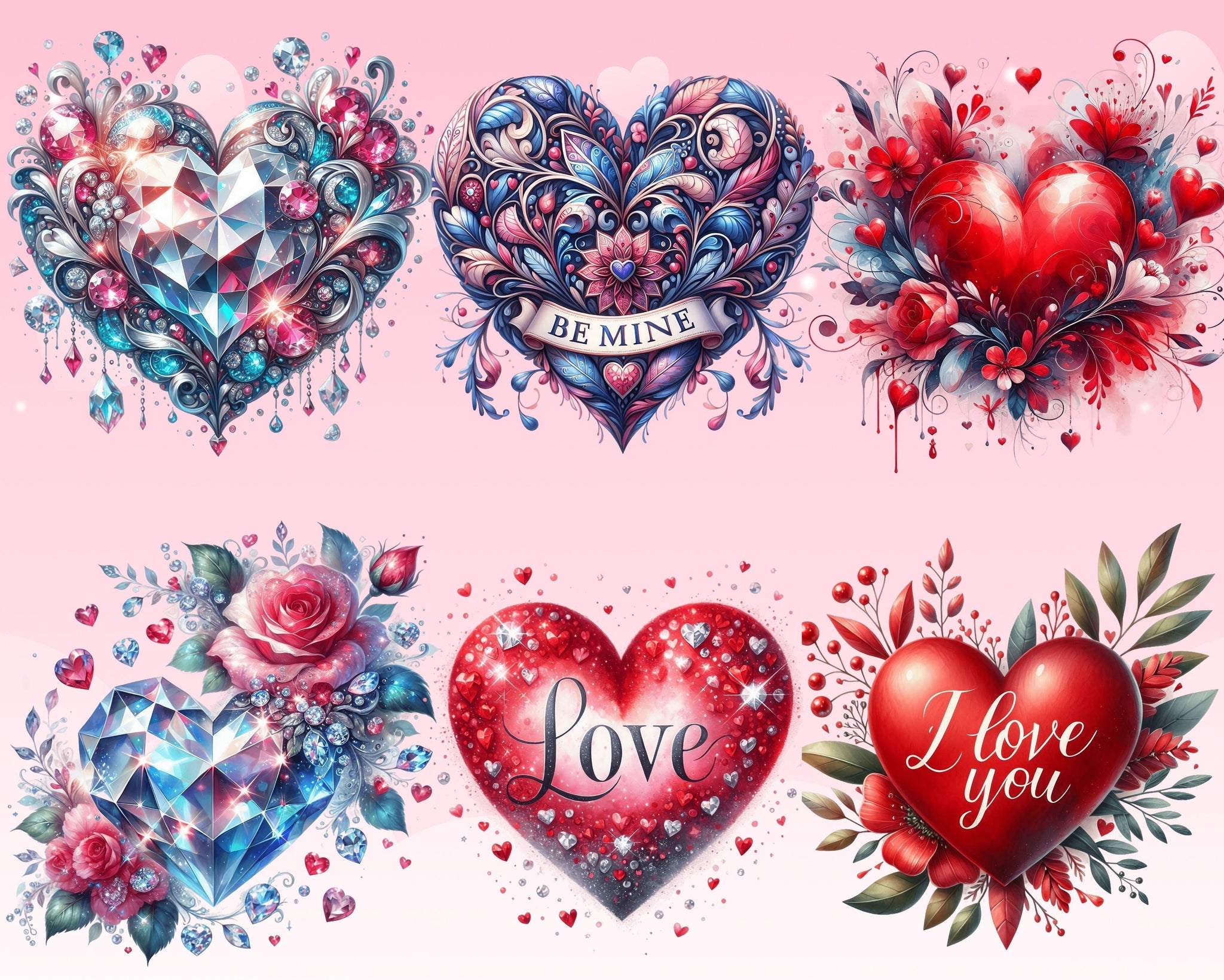 Romantic Valentine Heart Clipart Bundle, 52 PNG High-Res Files for Com ...