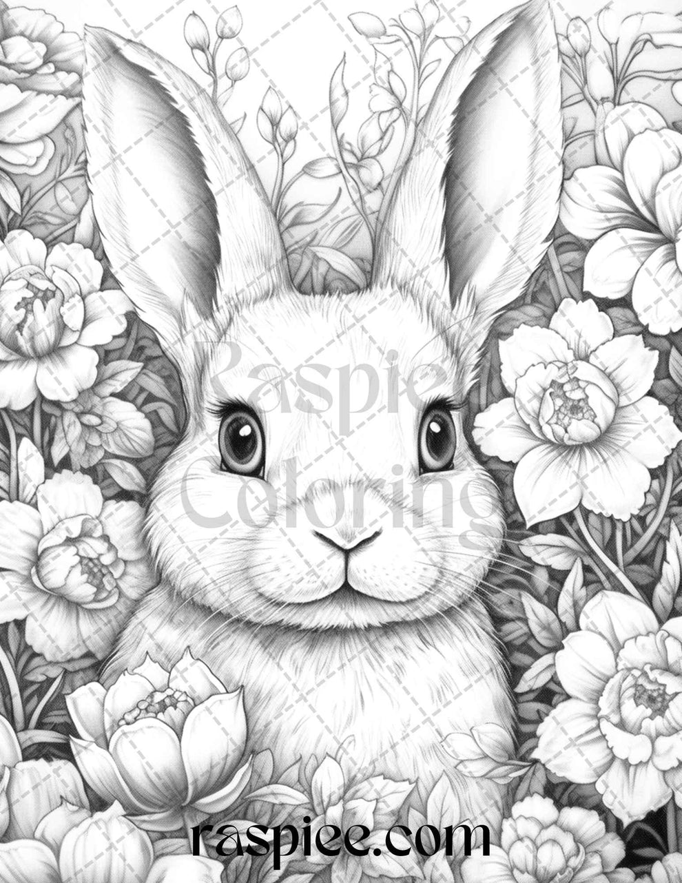 50 Rabbit Garden Grayscale Coloring Pages Printable for Adults, PDF Fi