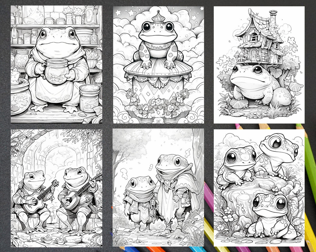 50 The Frog Kingdom Grayscale Coloring Pages for Adults, Printable PDF