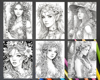 60 Fantasy Beauties Grayscale Adult Coloring Pages Printable PDF Insta ...
