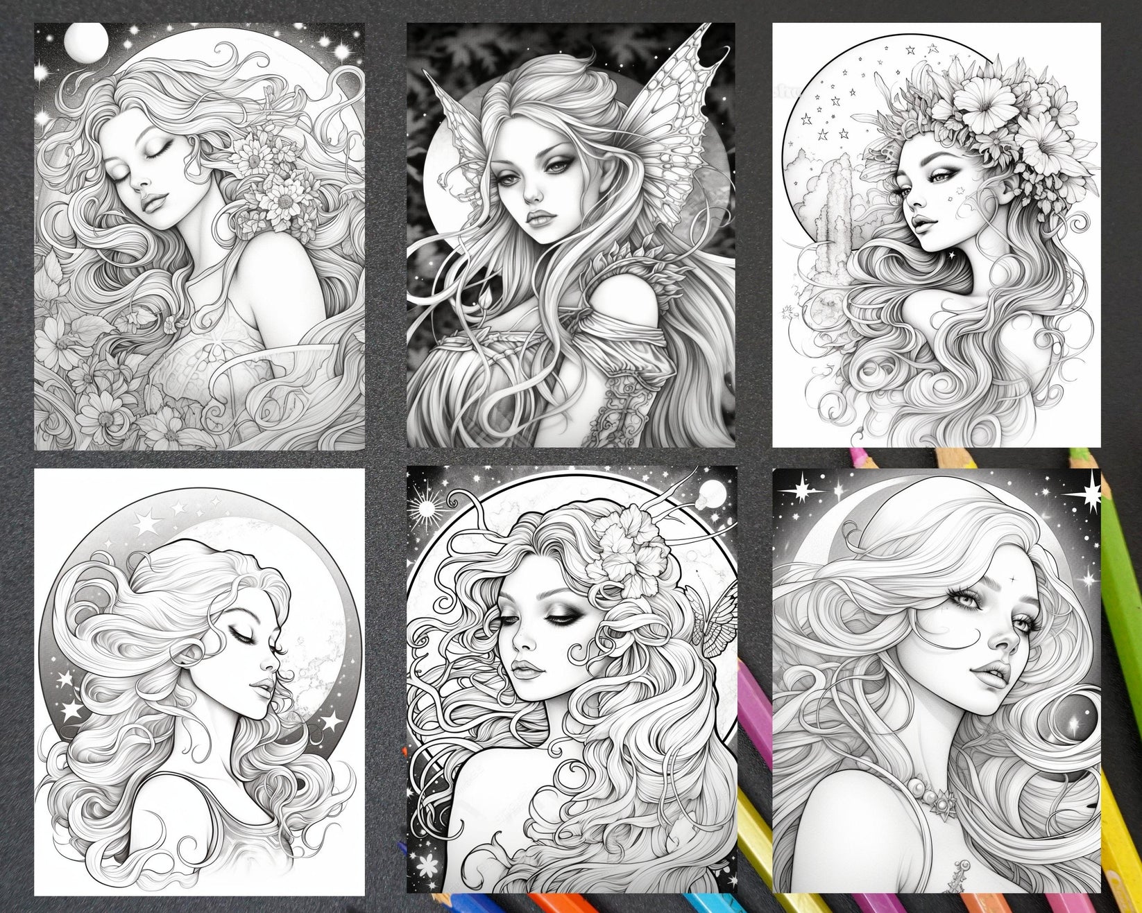34 Beautiful Moon Fairies Grayscale Coloring Pages Printable for Adult