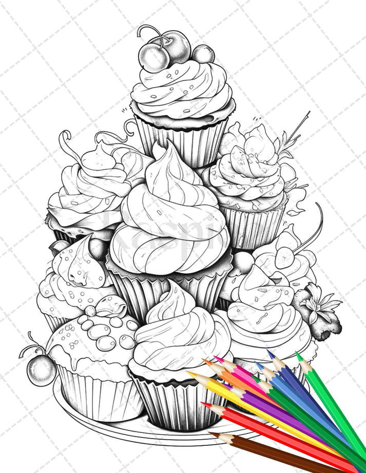 36 Sweet Desserts Coloring Pages Printable for Adults, Grayscale Color