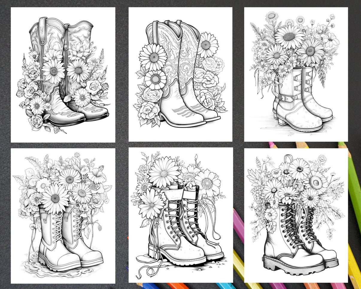 32 Flower Boots Coloring Pages Printable for Adults, Floral Grayscale