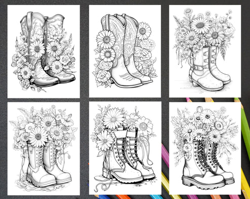 32 Flower Boots Coloring Pages Printable for Adults, Floral Grayscale