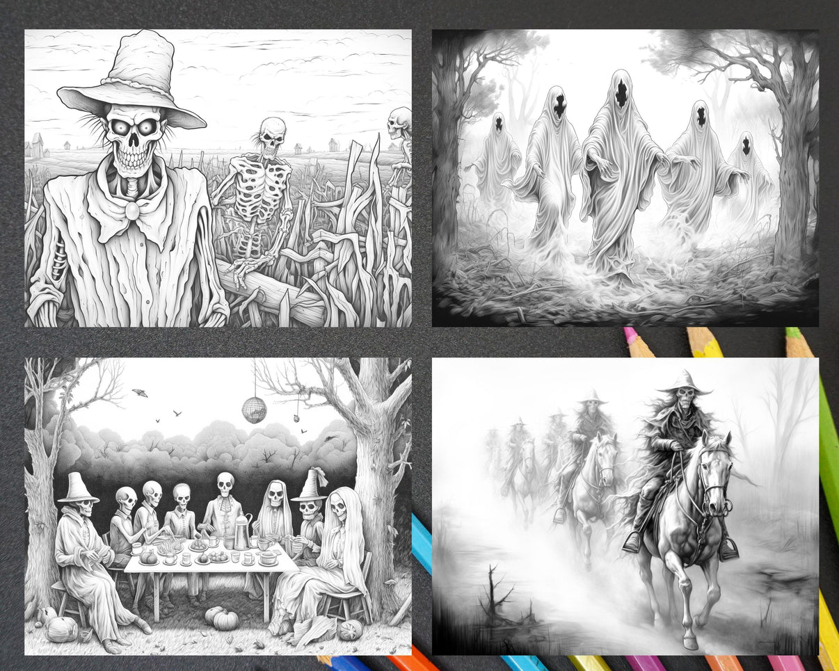 40 Halloween Landscapes Grayscale Coloring Pages Printable for Adults,