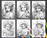 60 Spring Vintage Girls Grayscale Adult Coloring Pages, Printable PDF ...