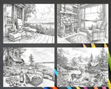 62 Serene Lakeside Cabins Grayscale Adult Coloring Pages, Printable PD ...