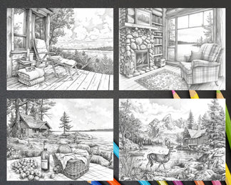 62 Serene Lakeside Cabins Grayscale Adult Coloring Pages, Printable PD ...