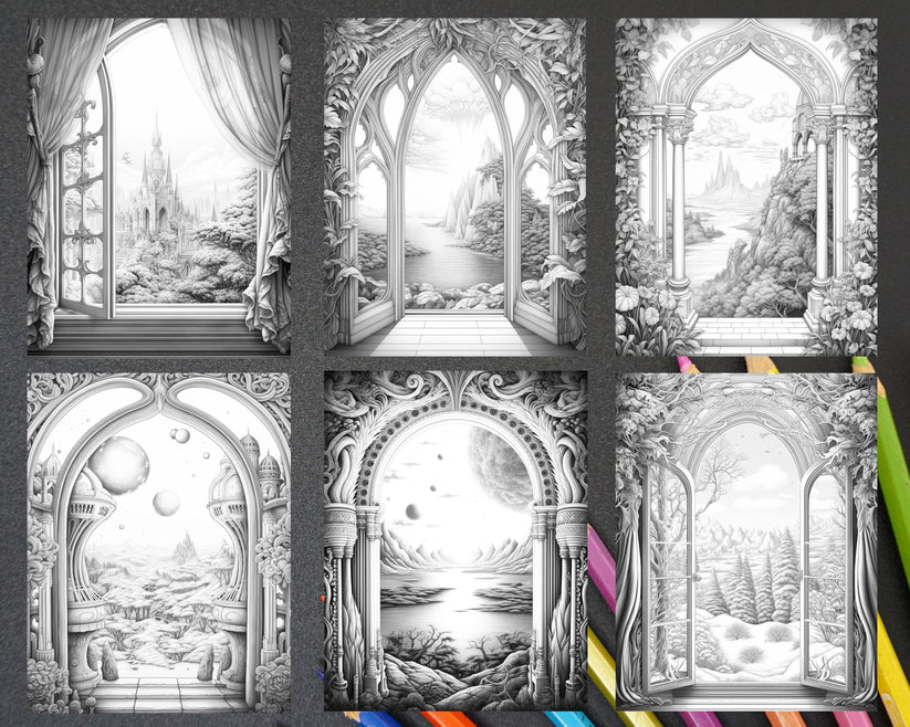 40 Window to Fantasy Worlds Grayscale Coloring Pages Printable for Adu