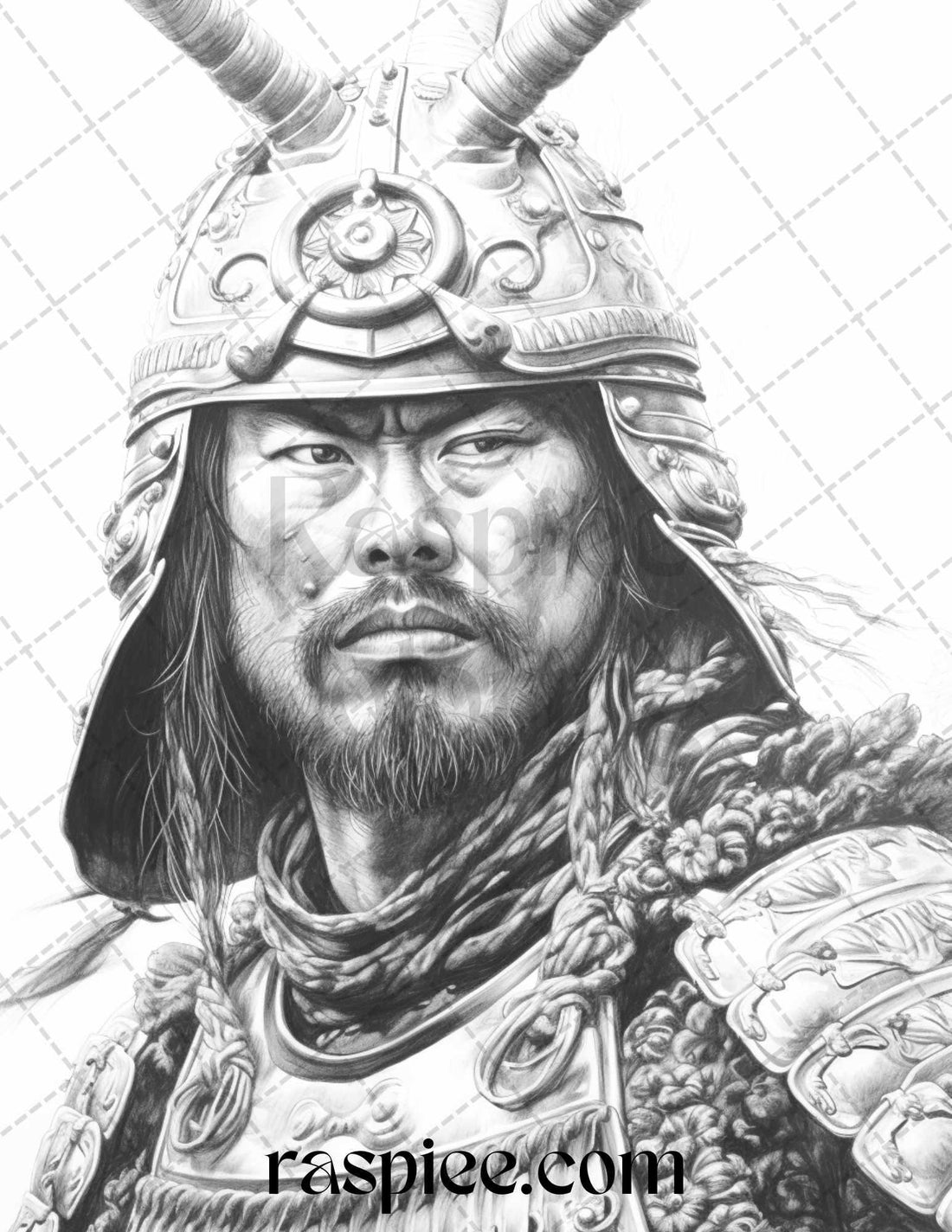 42 Japanese Samurai Grayscale Coloring Pages for Adults, Printable PDF