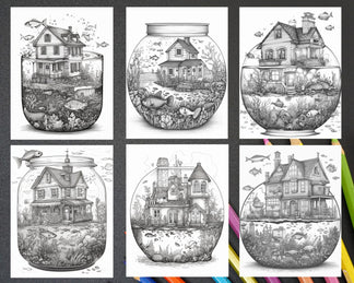 34 Fishtank Houses Coloring Book for Adults, Grayscale Coloring Page ...