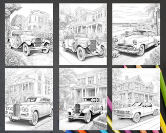 42 Vintage Cars Grayscale Coloring Pages Printable for Adults, PDF Fil ...