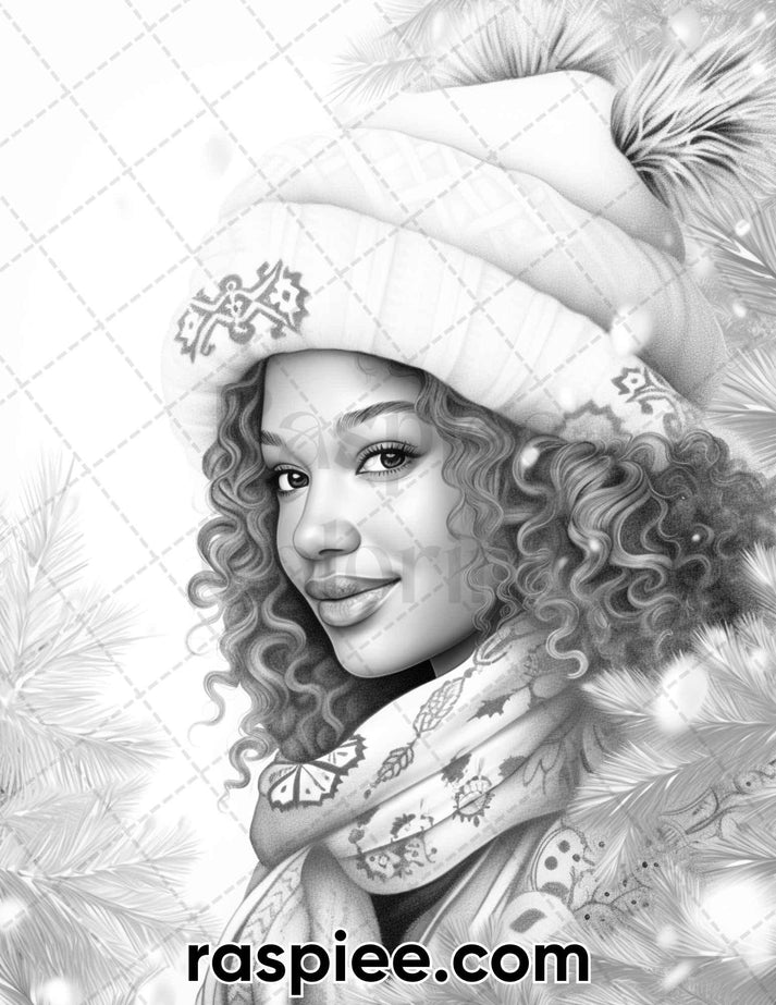 50 Christmas Black Beauties Portrait Grayscale Coloring Pages for Adul