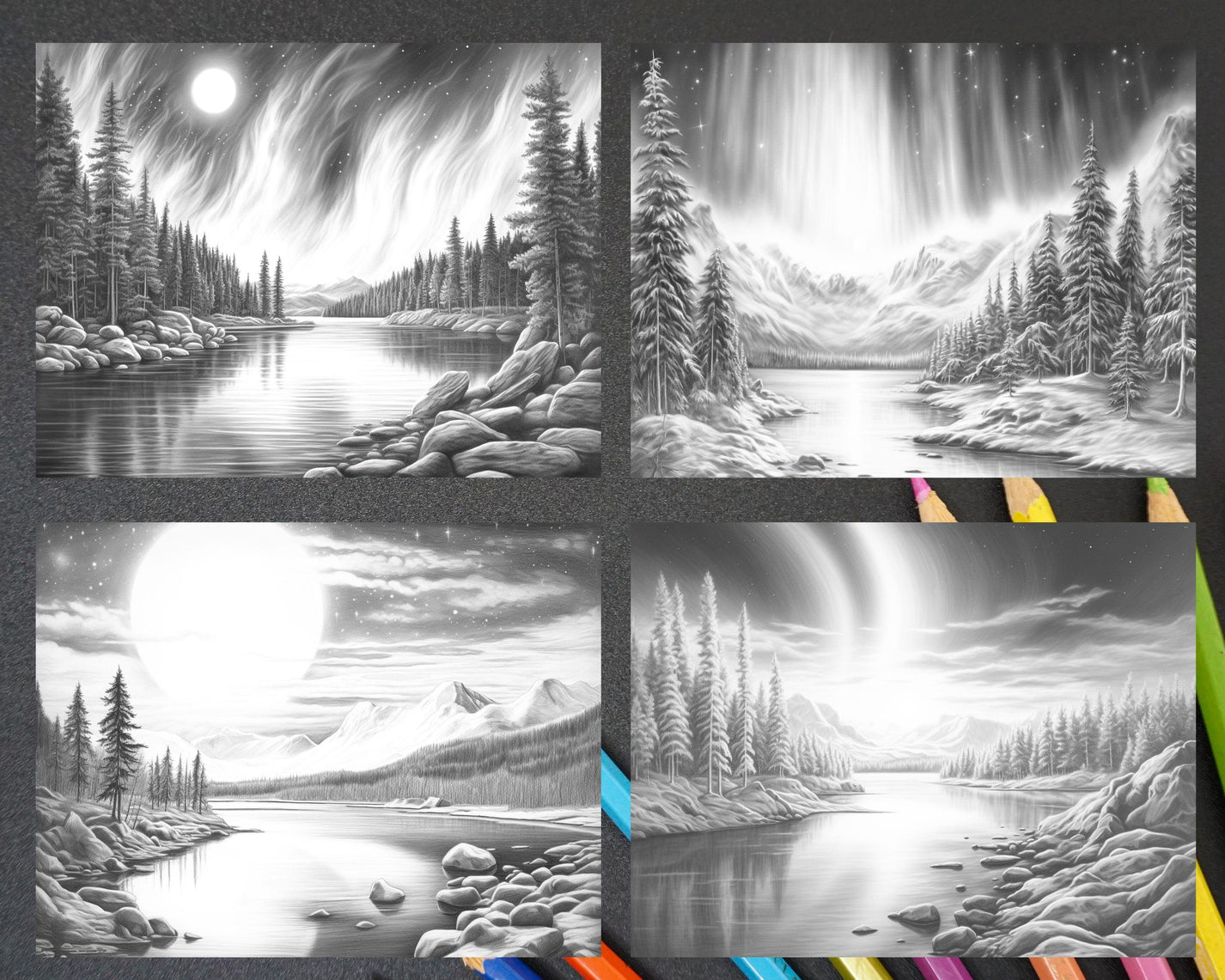 Aurora Borealis Landscape Grayscale Coloring Pages for Adults, Printab