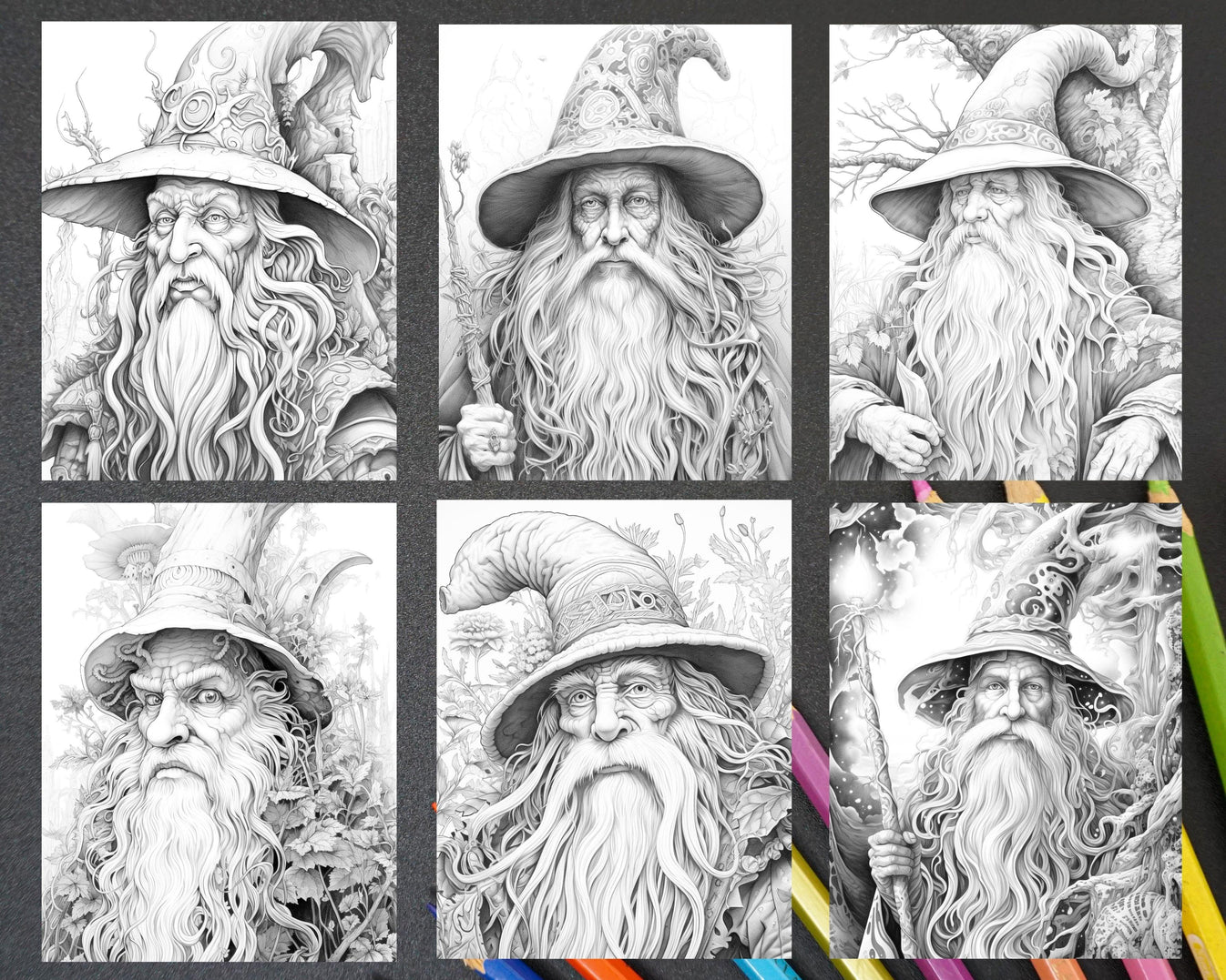 50 Magical Wizard Grayscale Coloring Pages for Adults, Printable PDF F