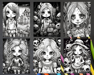 50 Ghoulish Girls Grayscale Coloring Pages Printable for Adults, PDF F ...