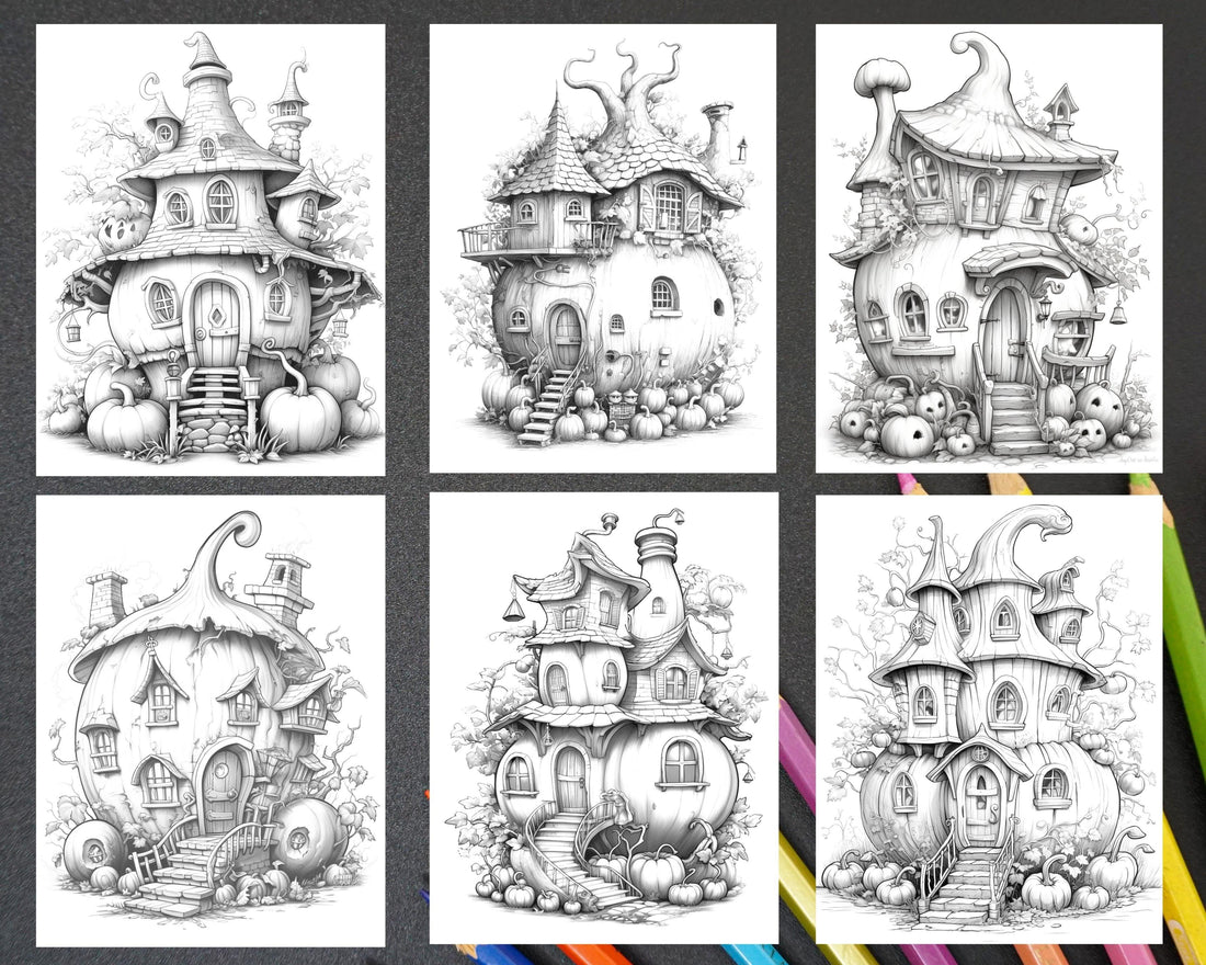 40 Pumpkin Fairy Houses Grayscale Coloring Pages Printable for Adults,
