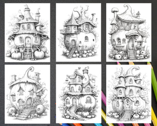 40 Pumpkin Fairy Houses Grayscale Coloring Pages Printable for Adults ...