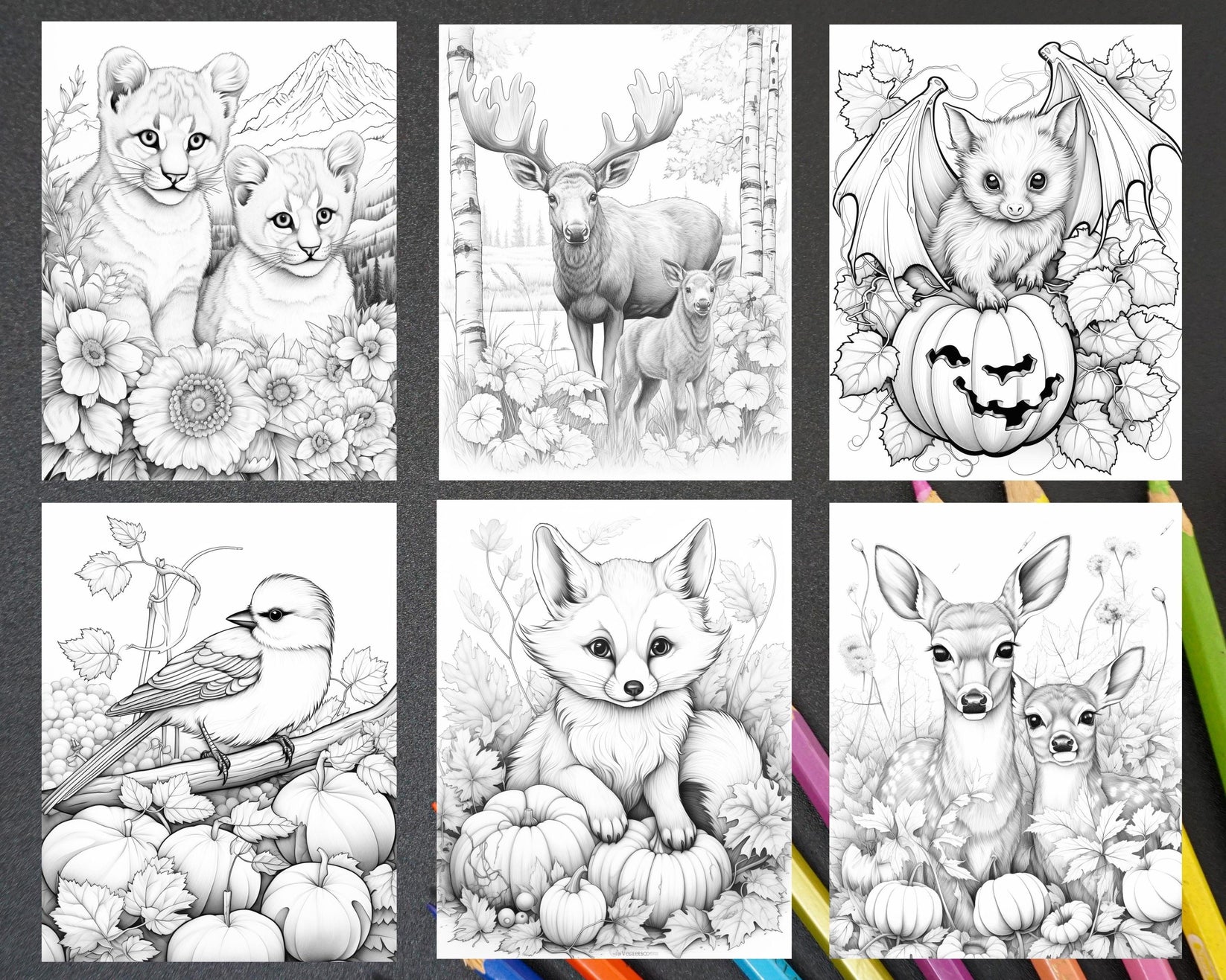 Autumn Animals Grayscale Coloring Pages for Adults and Kids, Printable