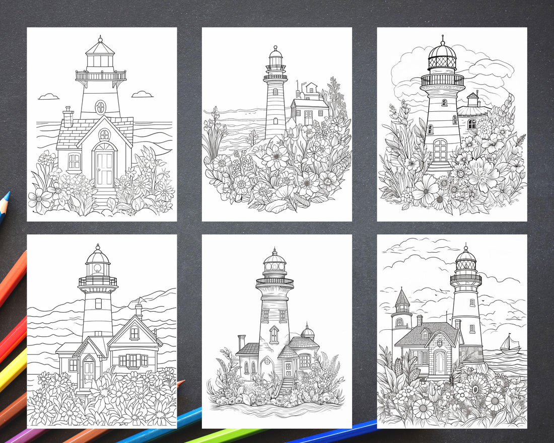 100 Printable Lighthouse Scene Coloring Pages for Adults, Printable PD