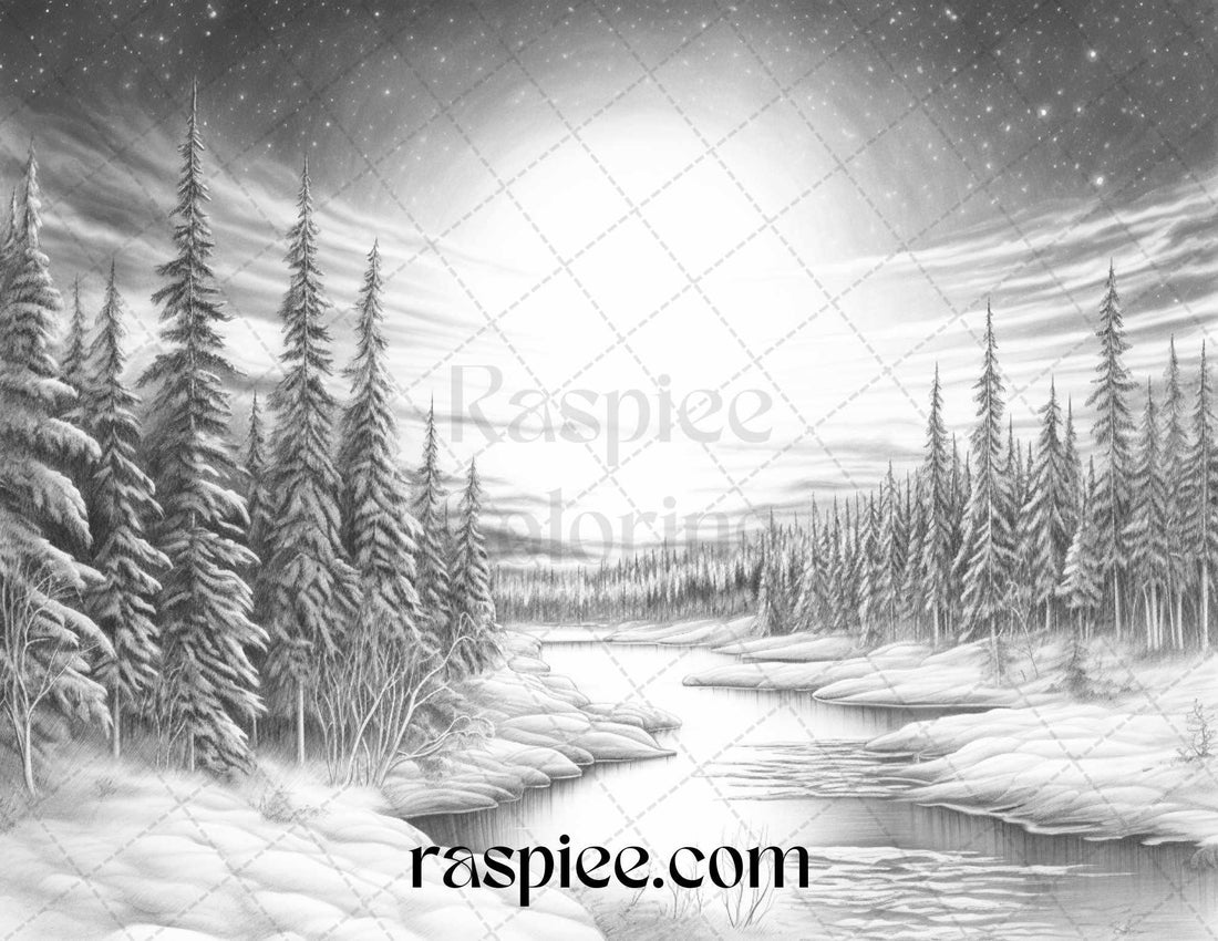 Aurora Borealis Landscape Grayscale Coloring Pages for Adults, Printab