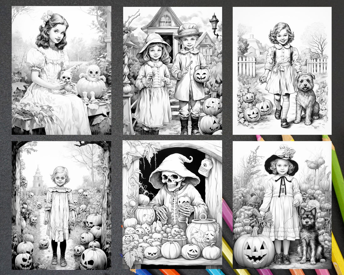 40 Vintage Halloween Trick or Treat Grayscale Coloring Pages Printable