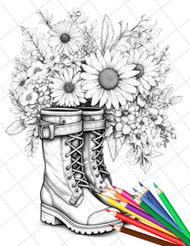 32 Flower Boots Coloring Pages Printable for Adults, Floral Grayscale ...