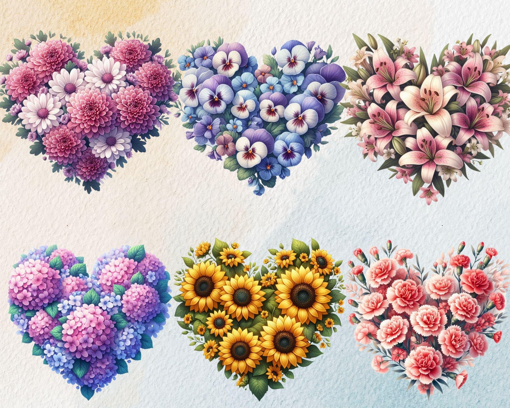Romantic Heart-Shaped Flowers Clipart Bundle, 35 PNG High-Res Files fo ...