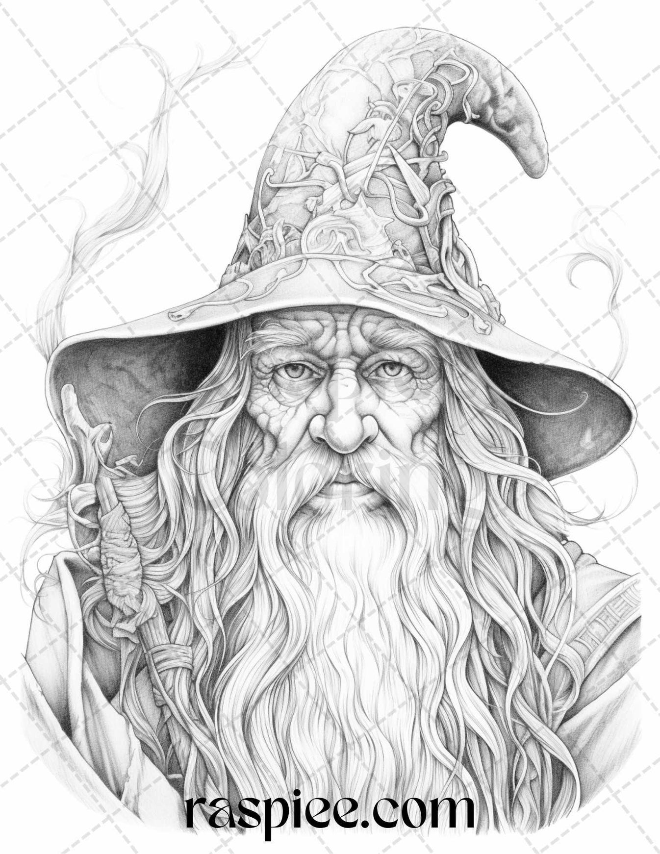 50 Magical Wizard Grayscale Coloring Pages for Adults, Printable PDF F