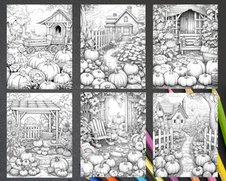 Pumpkin Garden Scenery Grayscale Coloring Pages Printable for Adults ...