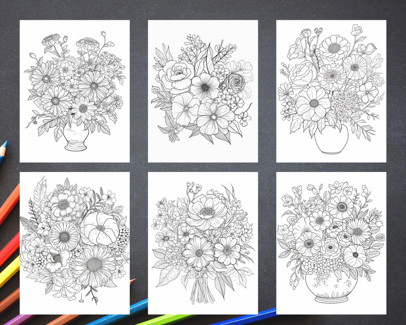 100 Printable Flower Vase Coloring Pages for Adults, Floral Grayscale ...
