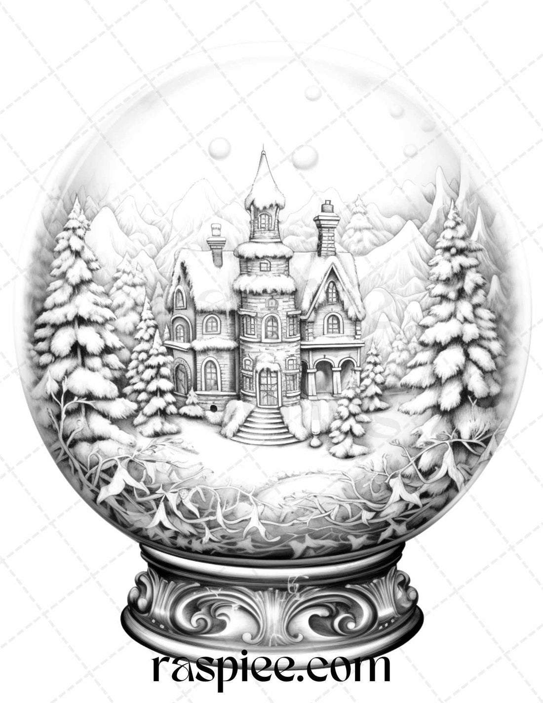 Cozy Cabin in Snow Globe Grayscale Coloring Pages Printable for Adults